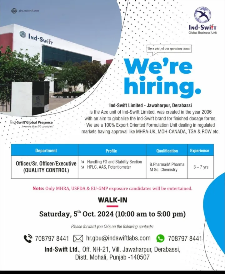 Ind-Swift Ltd -Walk-in On 05th Oct 2024@Officer/sr.Officer/Executive-QC. - Jobs Career Info