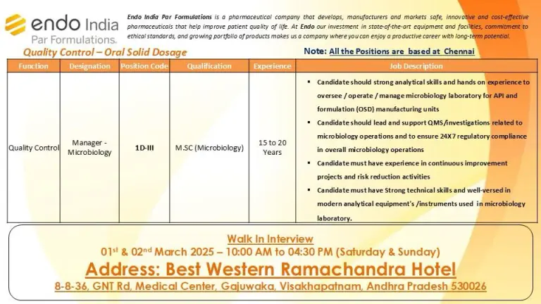 Endo India Par Formulations – Walk-In Interviews on 1st & 2nd Mar’ 2025 ...