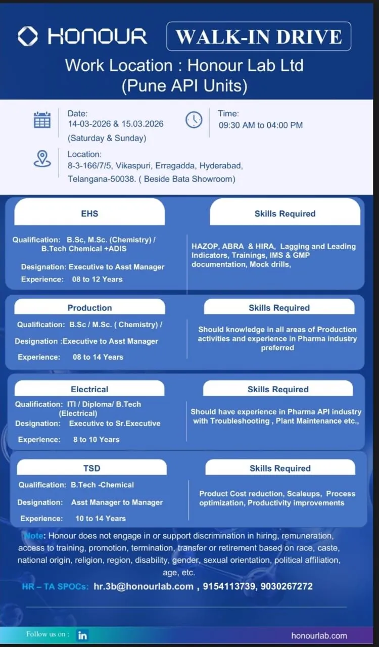 Honour Lab Ltd -Walk In Interviews on 14th & 15th March 2026 . - Jobs ...